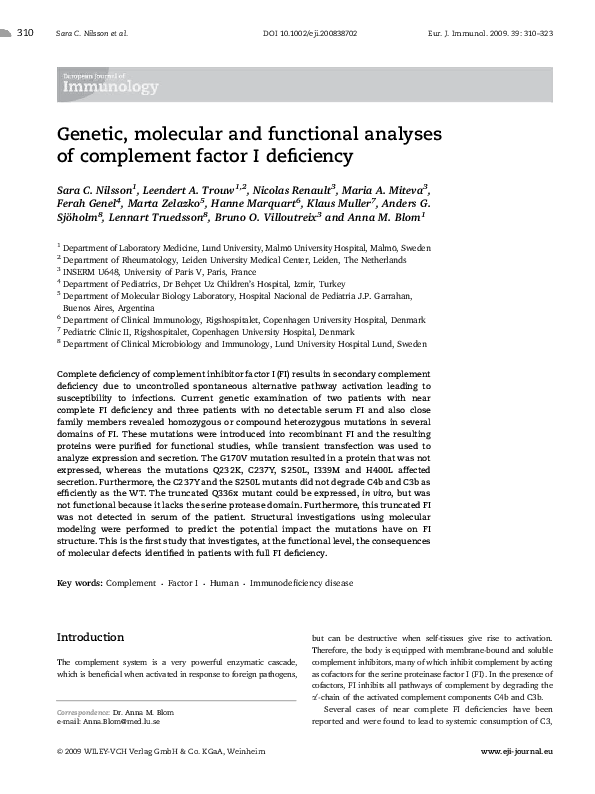 (PDF) Genetic, molecular and functional analyses of complement factor I ...