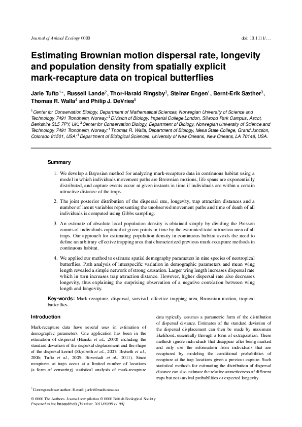 (PDF) Estimating Brownian motion dispersal rate, longevity and population density from spatially ...