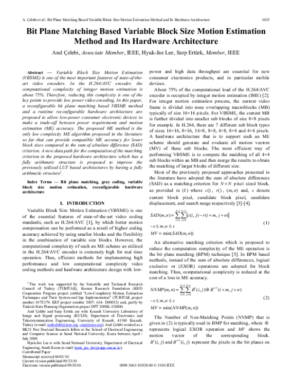 Pdf Bit Plane Matching Based Variable Block Size Motion Estimation Method And Its Hardware