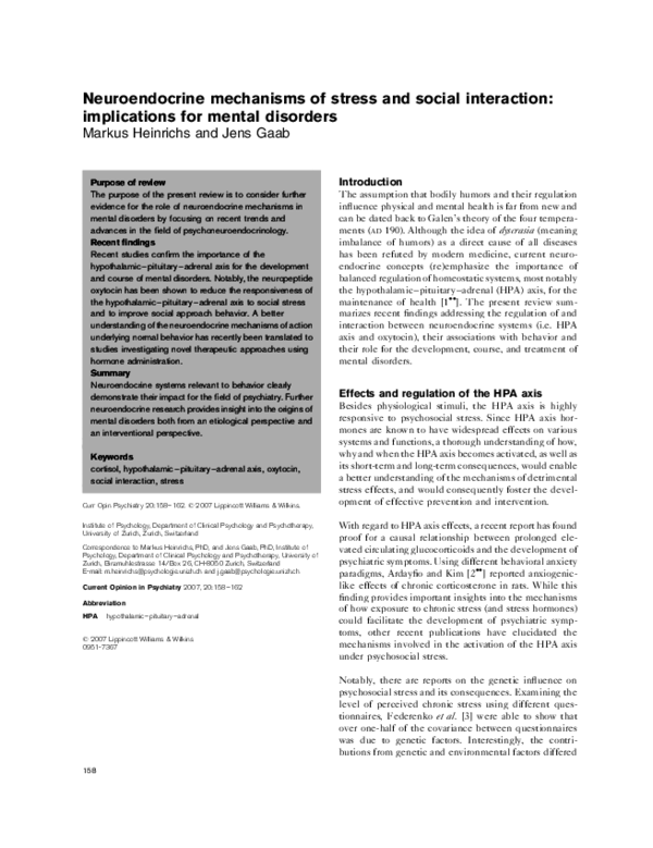(PDF) Neuroendocrine mechanisms of stress and social interaction: implications for mental disorders