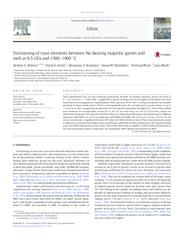 (PDF) Partitioning of trace elements between Na-bearing majoritic garnet and melt at 8.5GPa and ...