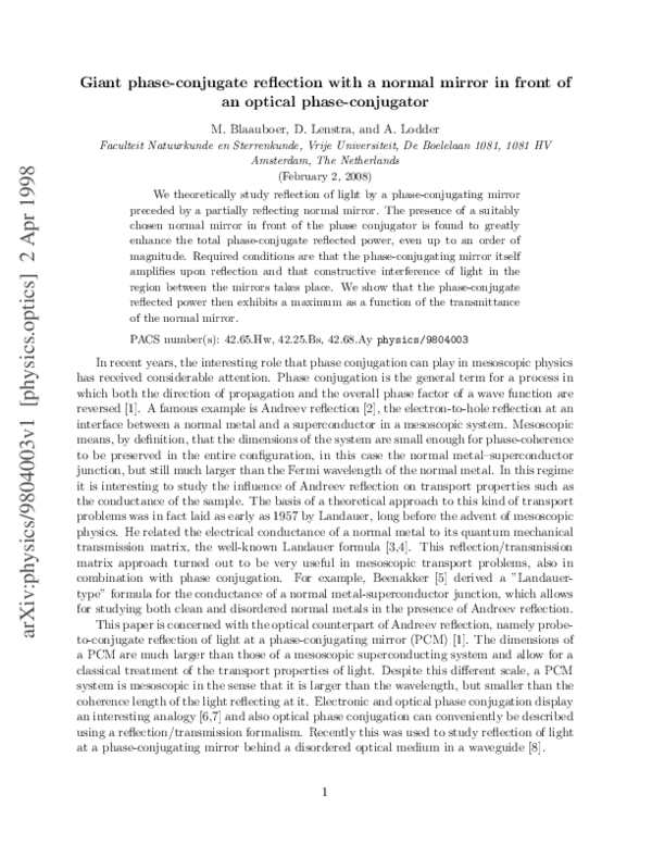 (PDF) Giant phase-conjugate reflection with a normal mirror in front of ...