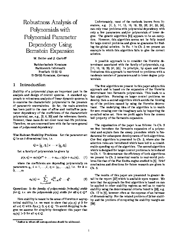 Pdf Robustness Analysis Of Polynomials With Polynomial Parameter Dependency Using Bernstein