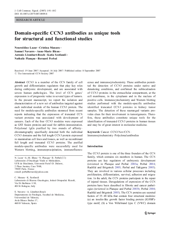 (PDF) Domain-specific CCN3 antibodies as unique tools for structural ...
