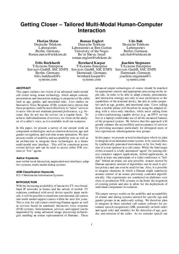 Pdf Getting Closer Tailored Multi Modal Human Computer Interaction