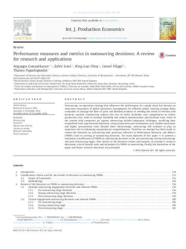 (PDF) Performance measures and metrics in outsourcing decisions: A review for research and ...