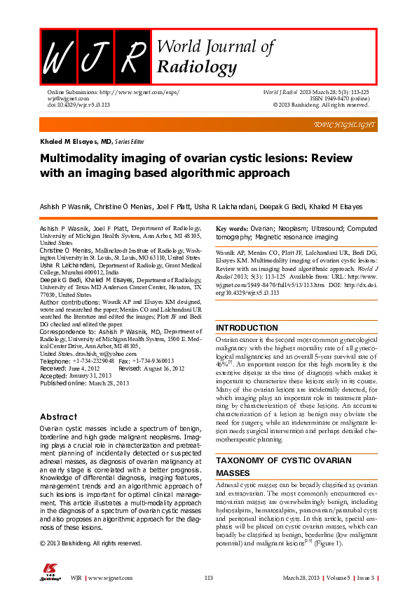 Pdf Multimodality Imaging Of Ovarian Cystic Lesions Review With An