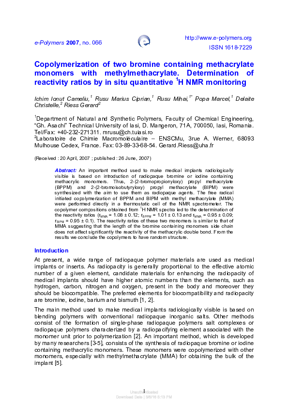 (PDF) Copolymerization of two bromine containing methacrylate monomers with methylmethacrylate ...