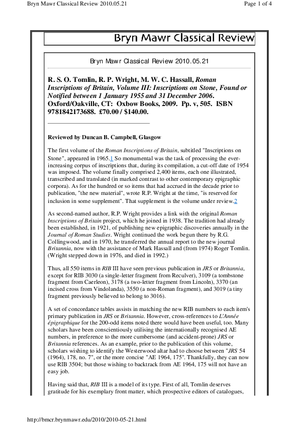 (PDF) Review: Roman Inscriptions of Britain, Volume III, by R.S.O ...