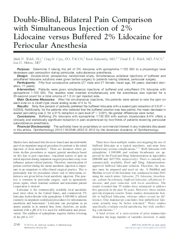 (PDF) Double-Blind, Bilateral Pain Comparison with Simultaneous Injection of 2% Lidocaine versus ...