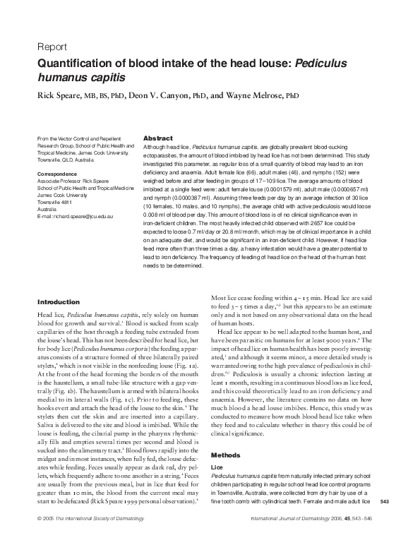 (PDF) Quantification of blood intake of the head louse: Pediculus humanus capitis