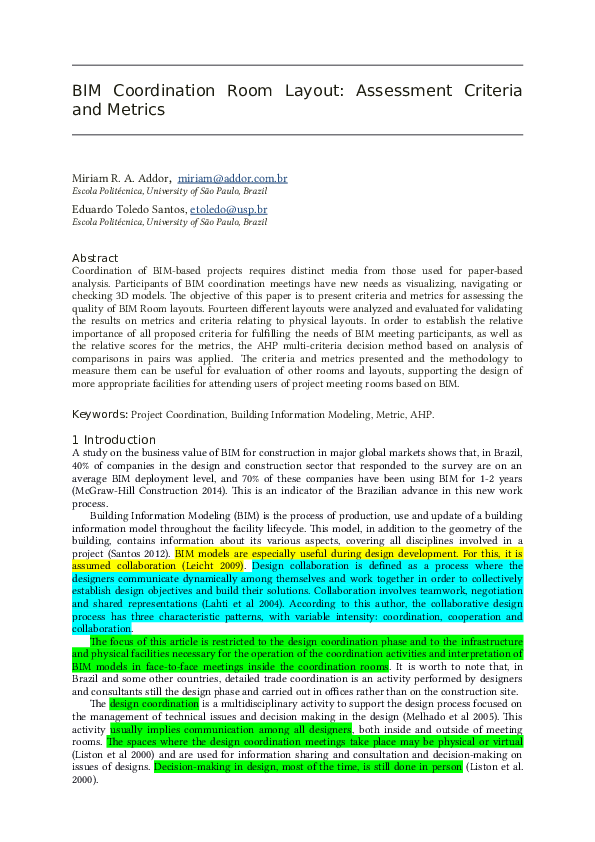 (DOC) BIM Coordination Room Layout: Assessment Criteria and Metrics