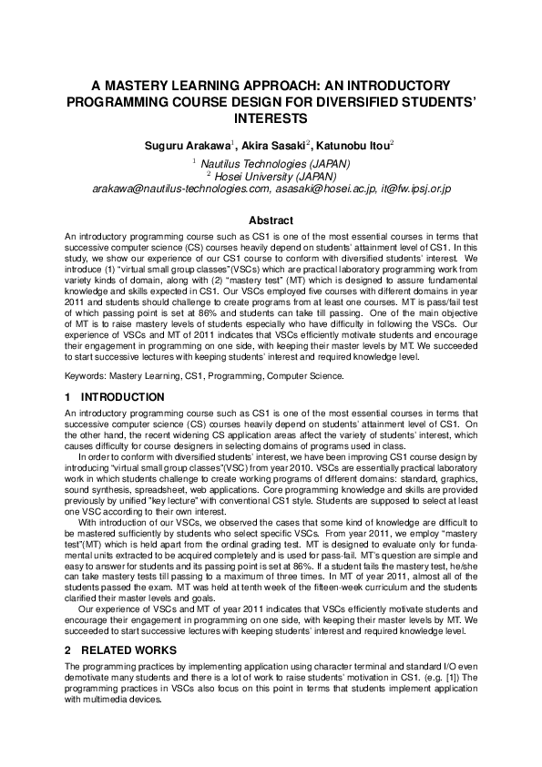 (PDF) A Mastery Learning Approach: An Introductory Programming Course Design for Diversified ...