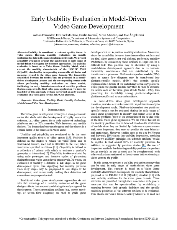 (PDF) Early Usability Evaluation in Model-Driven Video Game Development