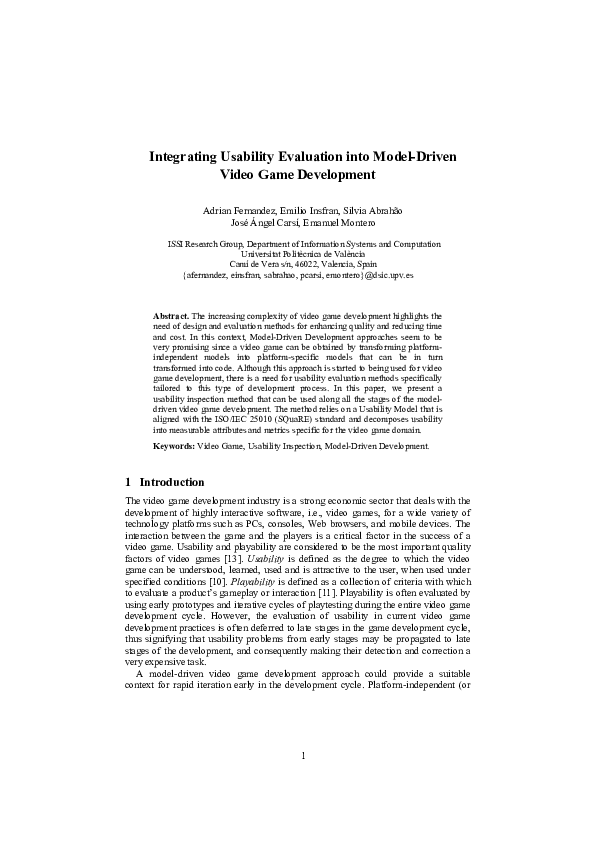 (PDF) Integrating Usability Evaluation into Model-Driven Video Game Development