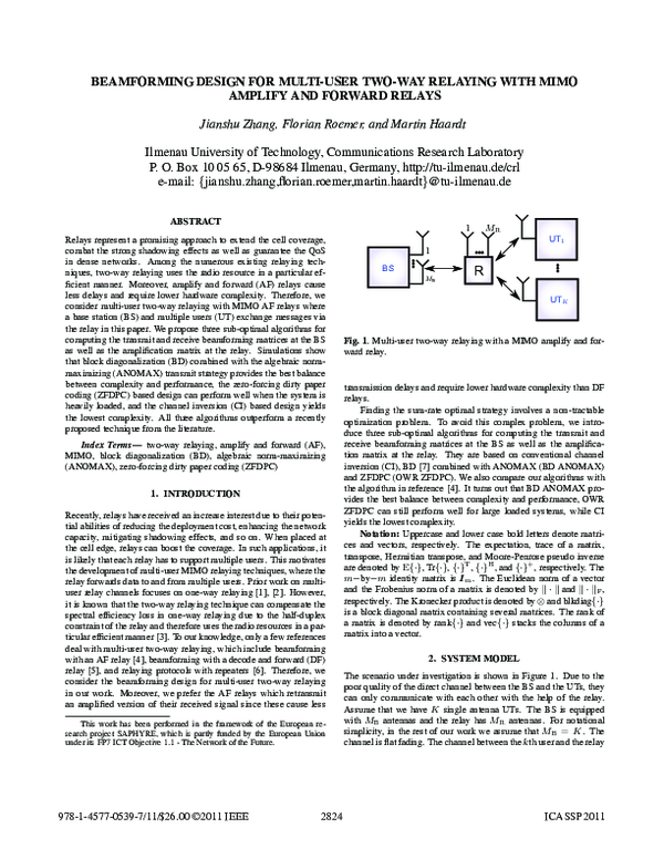 Pdf Beamforming Design For Multi User Two Way Relaying With Mimo Amplify And Forward Relays