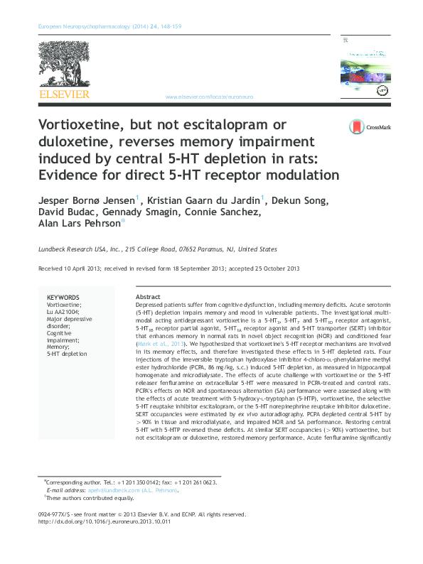 (PDF) Vortioxetine, but not escitalopram or duloxetine, reverses memory ...