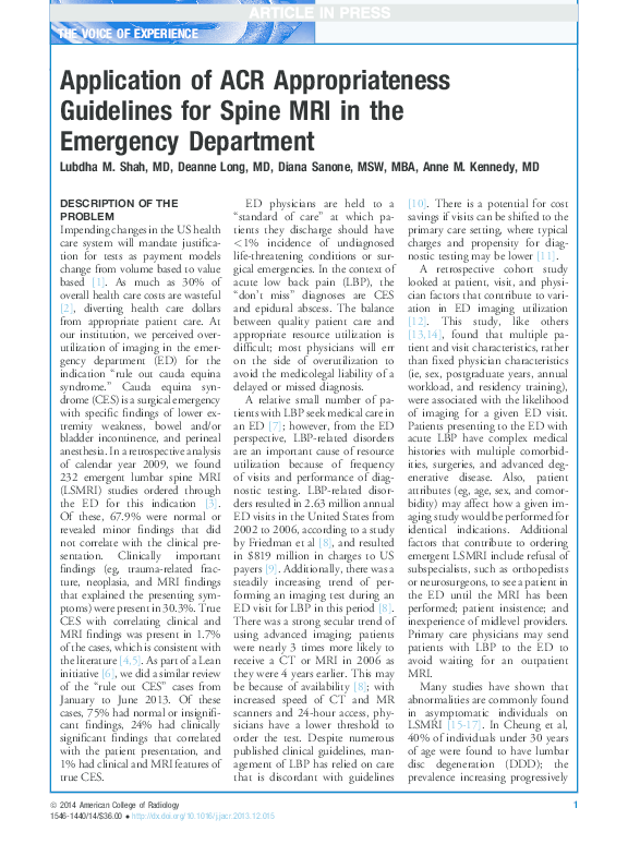 (PDF) Application of ACR Appropriateness Guidelines for Spine MRI in ...