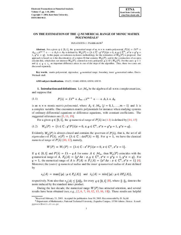 (PDF) On the Estimation of the Numerical Range of Monic Matrix Polynomials