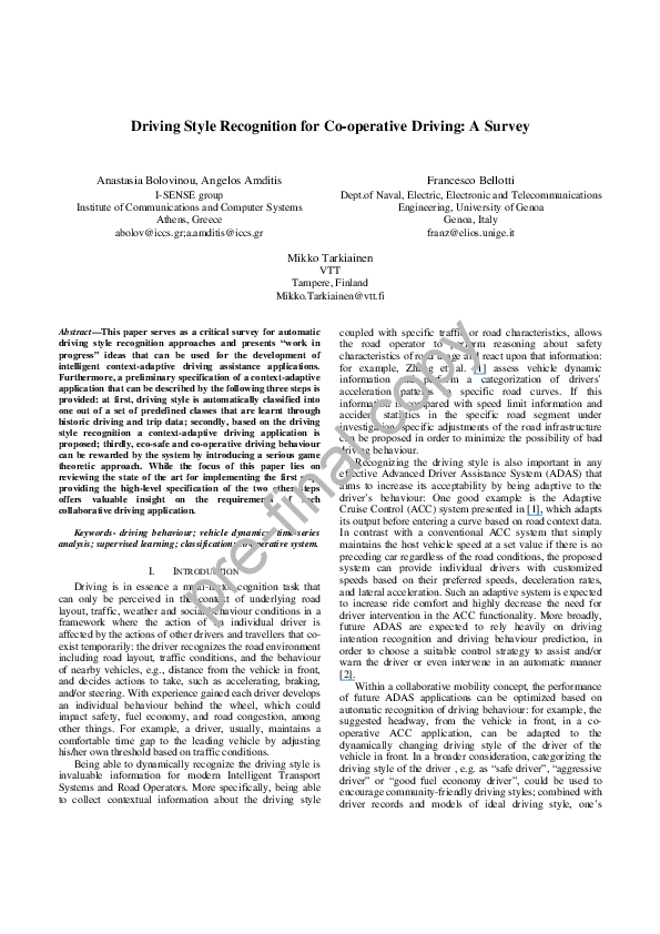 (PDF) Driving Style Recognition for Co-operative Driving: A Survey