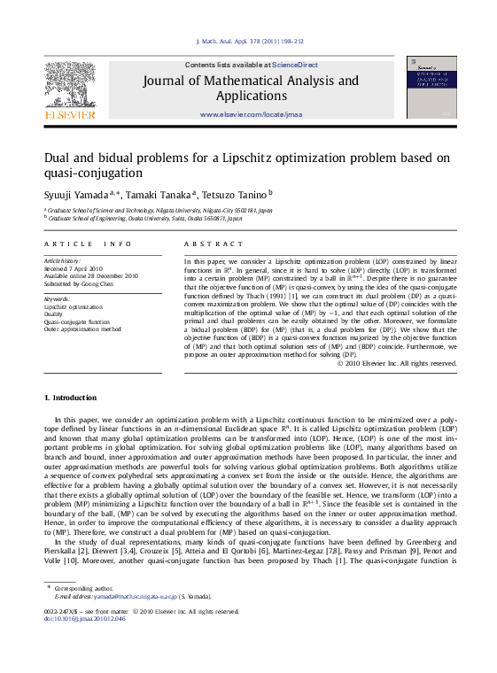 Pdf Dual And Bidual Problems For A Lipschitz Optimization Problem Based On Quasi Conjugation