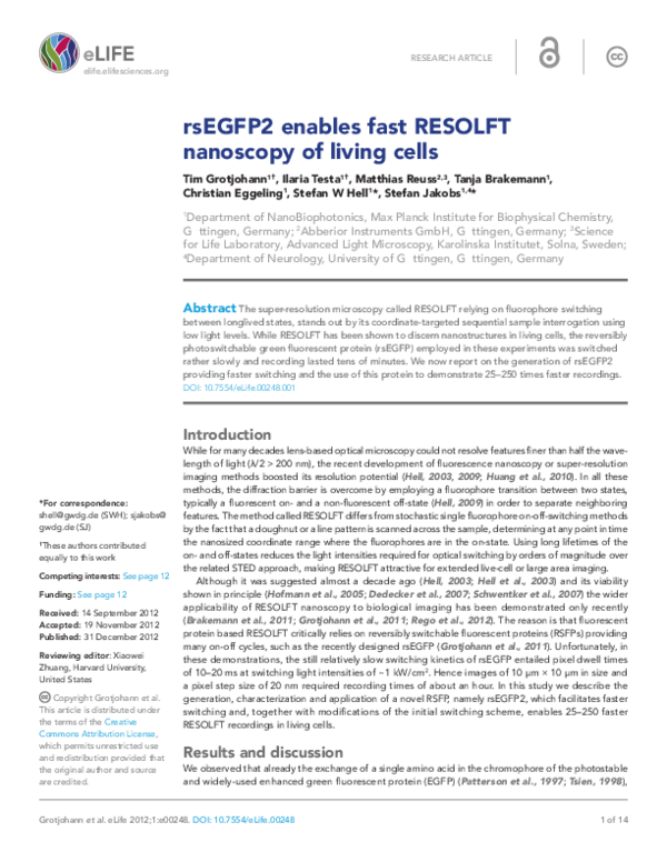 (PDF) rsEGFP2 enables fast RESOLFT nanoscopy of living cells