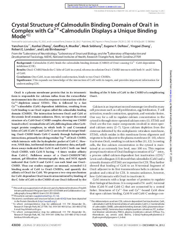 (PDF) Crystal Structure of Calmodulin Binding Domain of Orai1 in Complex with Ca2+*Calmodulin ...