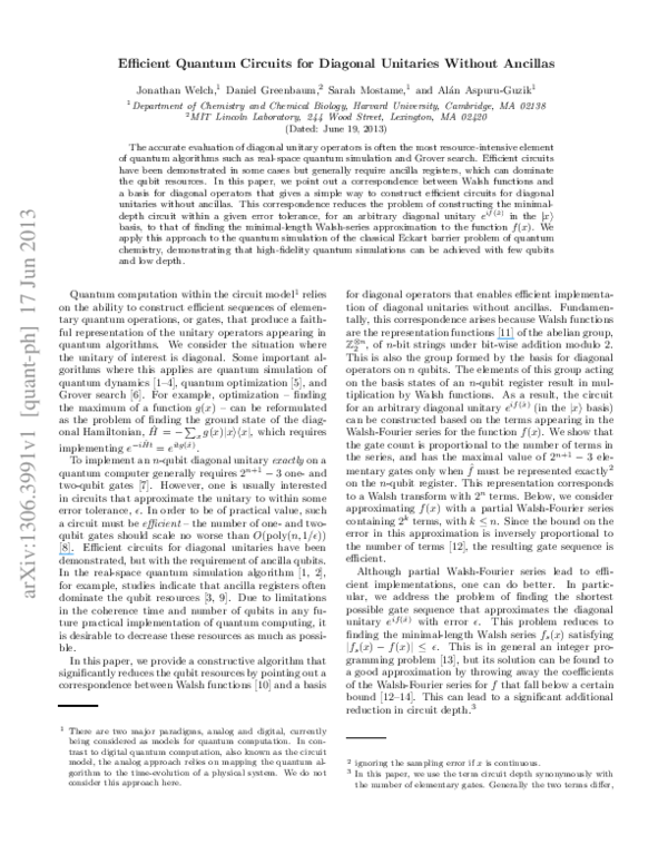 (PDF) Efficient quantum circuits for diagonal unitaries without ancillas