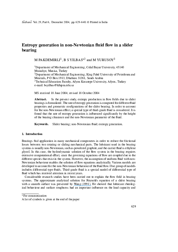 (PDF) Entropy generation in non-Newtonian fluid flow in a slider bearing