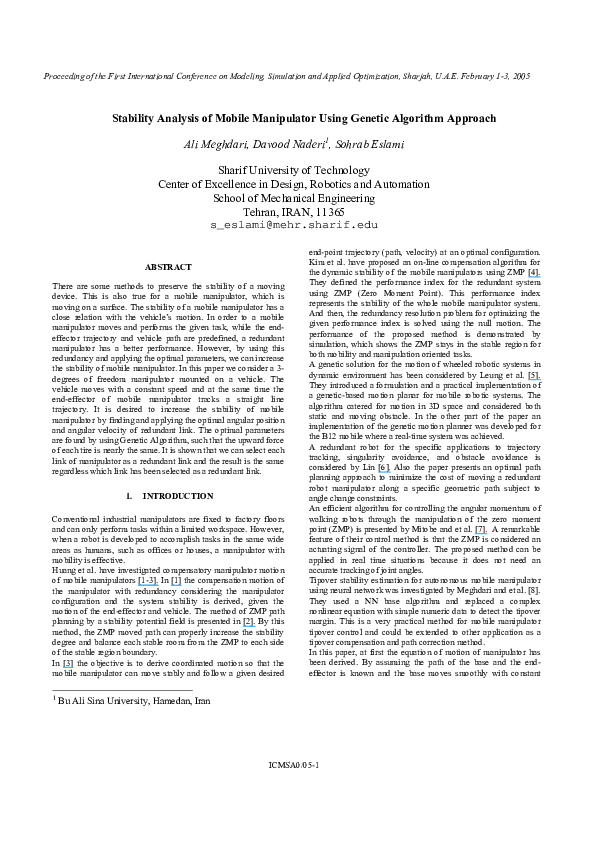 (PDF) Stability Analysis of Mobile Manipulator Using Genetic Algorithm Approach
