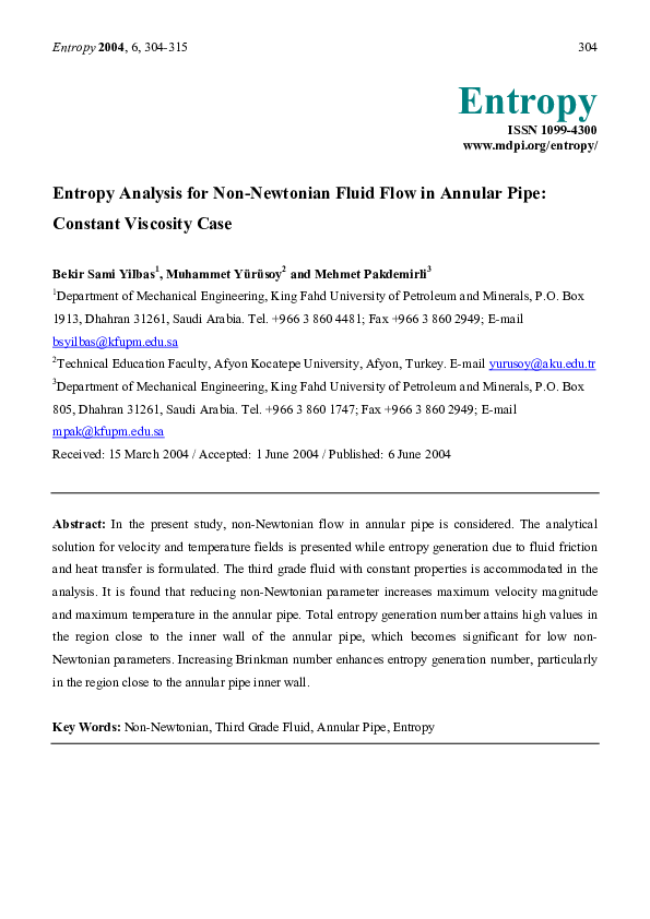 (PDF) Entropy Analysis for Non-Newtonian Fluid Flow in Annular Pipe: Constant Viscosity Case