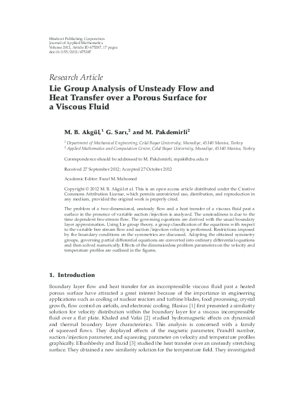 (PDF) Lie Group Analysis of Unsteady Flow and Heat Transfer over a Porous Surface for a Viscous ...