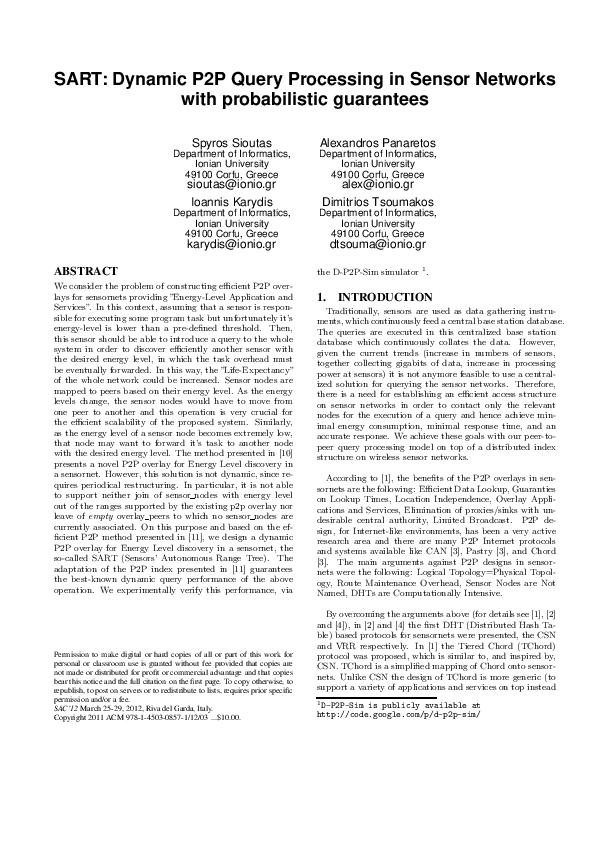 (PDF) SART: dynamic P2P query processing in sensor networks with probabilistic guarantees
