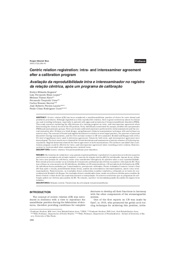 (PDF) Centric relation registration: intra- and interexaminer agreement ...