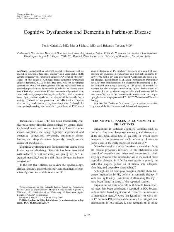 (PDF) Cognitive dysfunction and dementia in Parkinson disease
