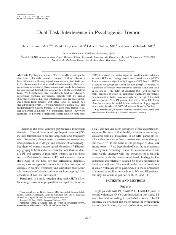 (PDF) Dual task interference in psychogenic tremor