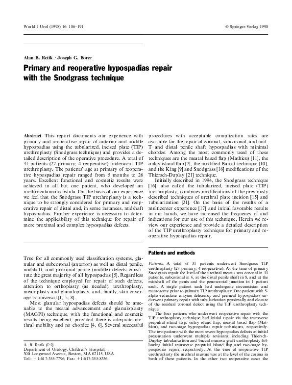 (PDF) Primary and Reoperative Hypospadias Repair With the Snodgrass ...