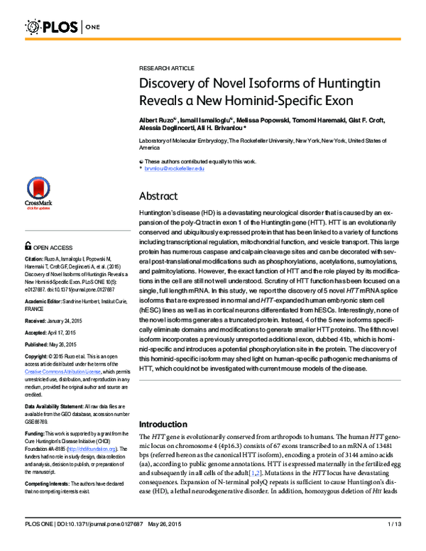 (PDF) New Hominid-Specific Isoforms of Huntingtin