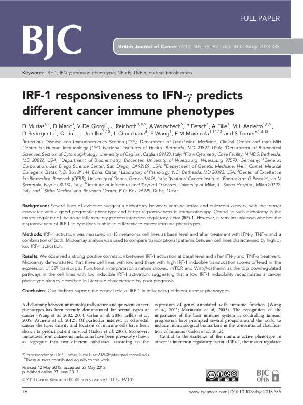 (PDF) IRF-1 responsiveness to IFN-γ predicts different cancer immune ...