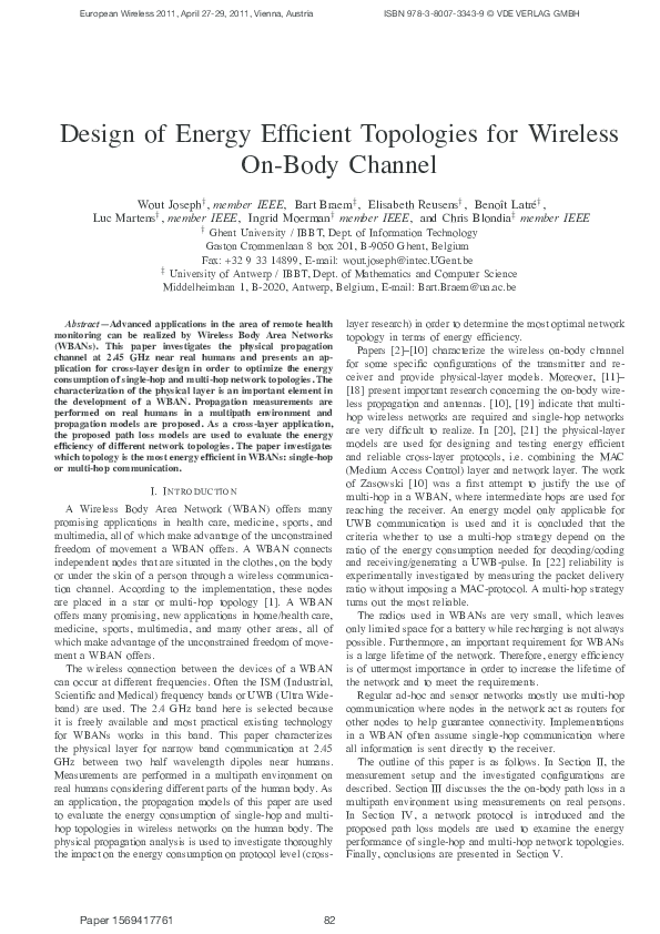 (PDF) Design of energy efficient topologies for wireless on-body channel | Chris Blondia ...
