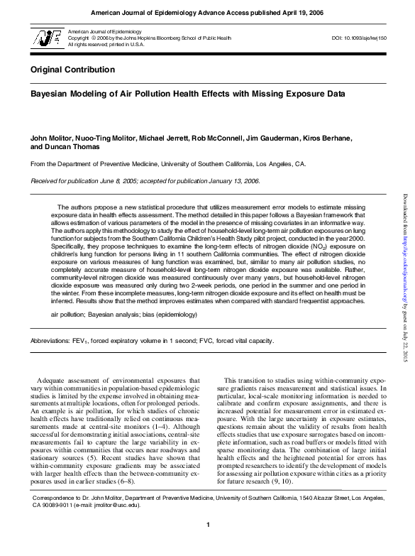 (PDF) Bayesian Modeling of Air Pollution Health Effects with Missing Exposure Data