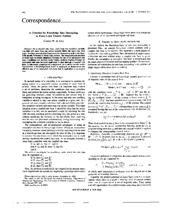 Pdf A Criterion For Knowledge Base Decoupling In Fuzzy Logic Control