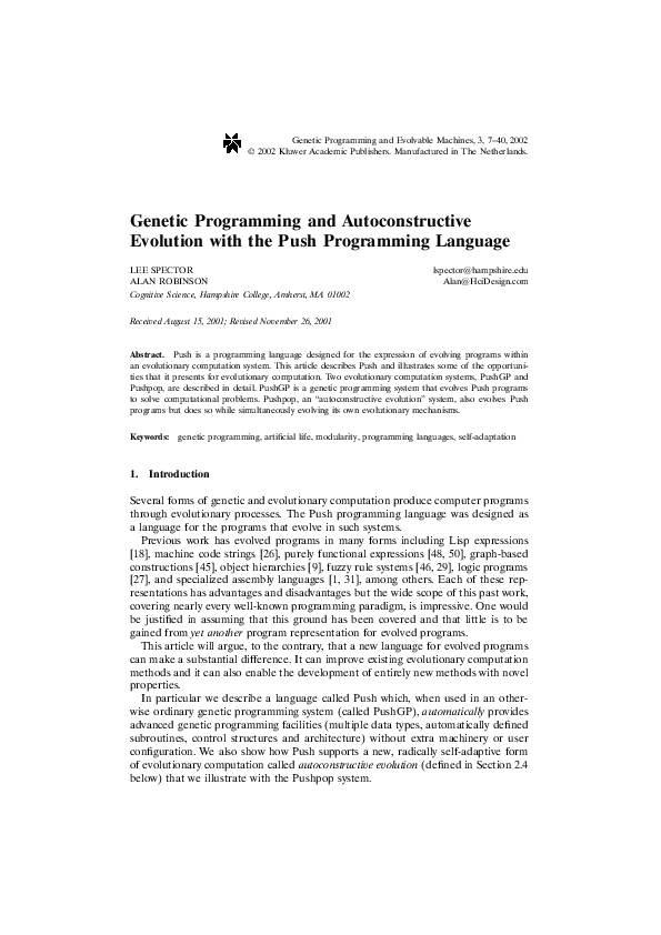 Pdf Genetic Programming And Autoconstructive Evolution With The Push Programming Language