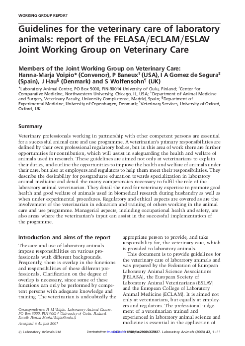 (PDF) Guidelines for the veterinary care of laboratory animals: report ...