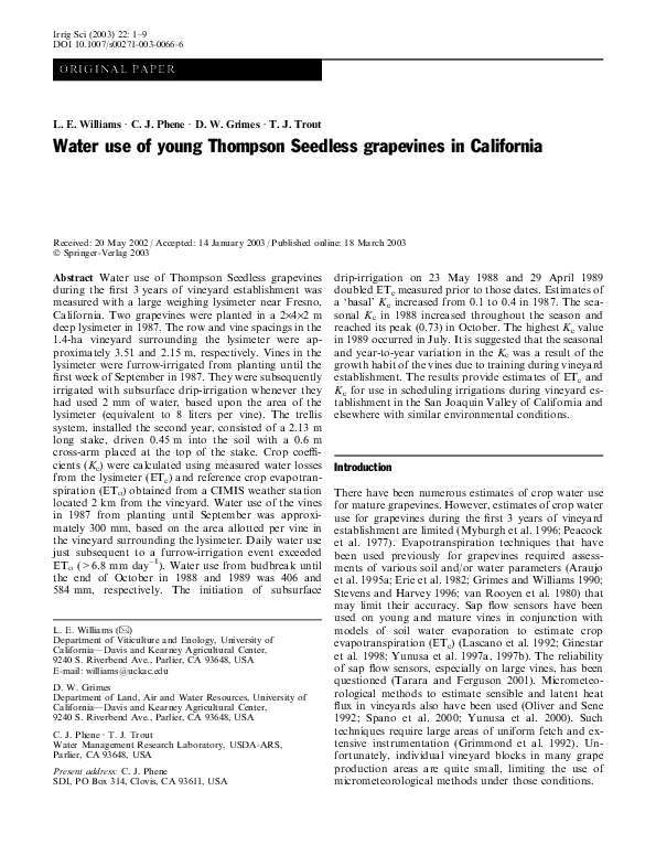 (PDF) Water use of young Thompson Seedless grapevines in California