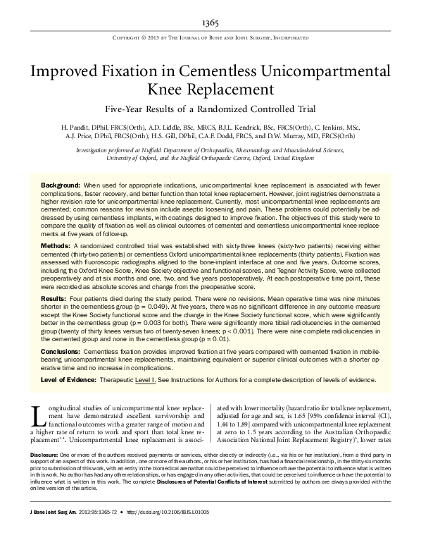 (PDF) Improved Fixation in Cementless Unicompartmental Knee Replacement