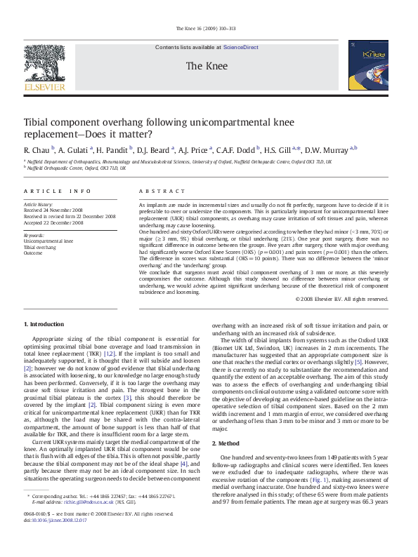 (PDF) Tibial component overhang following unicompartmental knee ...