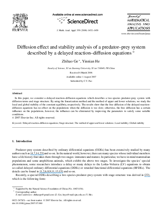 (PDF) Diffusion effect and stability analysis of a predator–prey system described by a delayed ...