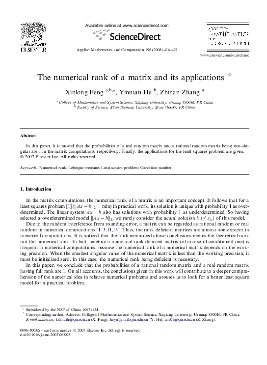 (PDF) The numerical rank of a matrix and its applications