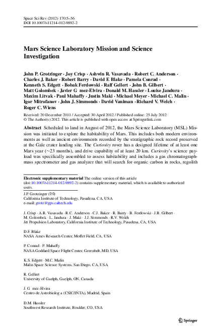 (PDF) Mars Science Laboratory Mission and Science Investigation